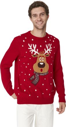 Trendyol Unisex Rot Crew Neck Wool Strickwaren Sweater - Deer Print, Regular Fit Tmnaw23Kz00224
