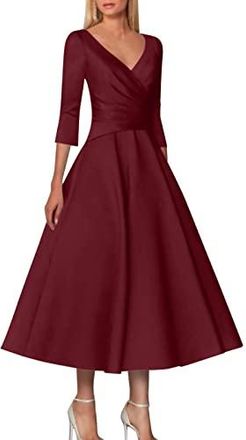 Generic Robe Satin Femme Manche 3/4, Robe Longue Taille Haute-Robe De Soiree Chic Et Elegant Col V Avec Fermeture éClair Dress Coupe AjustéE Classique Casual 