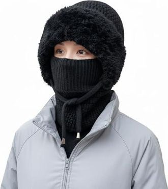 Generic Bonnet dhiver chaud tricot&eacute; pour femme, bonnet en tricot thermique doux avec &eacute;charpe et masque, cagoule coupe-vent confortable pour lext&eacute;rieur, pour l