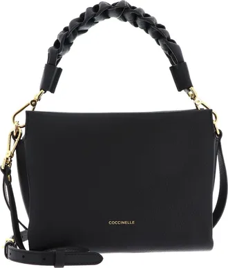 Coccinelle Leder Umh&auml;ngetasche Schultertasche Boheme Grana Double Crossbody Double Grainy Leather Noir/Cognac schwarz