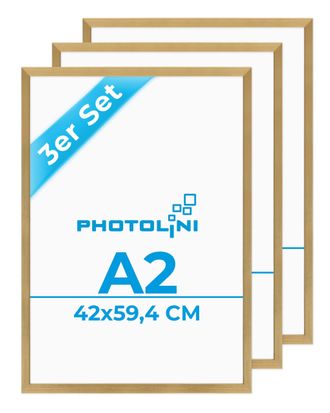 Photolini Bilderrahmen A2 Holz MDF Gold, 3er Set Picture Frame Rahmen 42x59,4 mit bruchsicherem Acrylglas, DIN A2 Bilderrahmen 42x60 zum Aufh&auml;ngen, mit Zubeh&ouml;r 