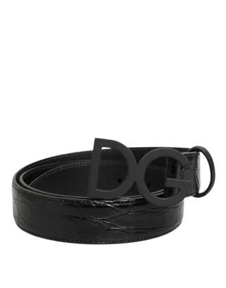 Dolce & Gabbana Mens Black Exotic Leather Metal Logo Buckle Belt Crocodile