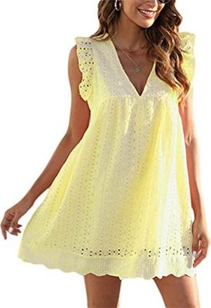 Minetom Robe dété pour Femmes Tenue décontractée avec Short intégré élégante Robe à col en V à Manches volantées Dentelle Jacquard Couleur Unie Robe Ample ave