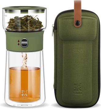 Zens Modern Teekanne Glas mit Sieb, One-Touch Teezubereiter f&uuml;r Losen Tee mit Isolieren Becher, Portable Tea Maker for Tee Zubereitung mit Armeegr&uuml;n Traget