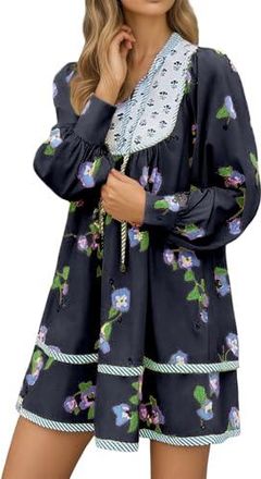 Generic Robe boh&egrave;me 2026 pour femme - Mini robe chemise florale - Col en V - Manches longues - V&ecirc;tement de d&eacute;tente d&eacute;contract&eacute;, Noir, XXL