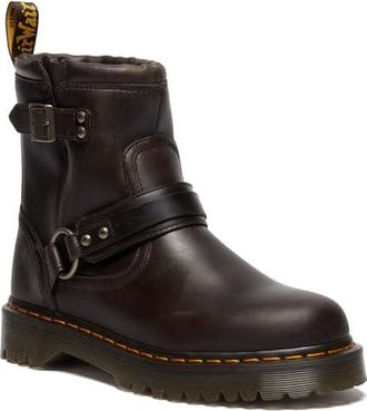 Dr. Martens Bottines en cuir avec boucles et sangles, noir, semelle r&eacute;sistante avec coutures jaunes, style motard, marron, 40 EU