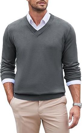 Coofandy Pull Homme Col V Tricot Pull-Over Business Casual Regular Fit Bureau Chandail Élégant Pullover Manches Longues Pulls Basique Sweater Hiver Gris XL