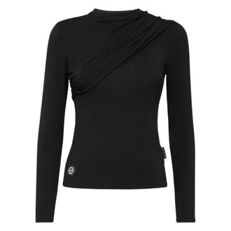 Philipp Plein Femme, Tops, Noir, Taille: 42 FR Modal Draped Longsleeve Fatale