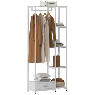 Soges Kleiderst&auml;nder, Garderobenst&auml;nder mit Kleiderstange, 4 Ablagen und Schublade, offener Kleiderschrank f&uuml;r Schlafzimmer, Flur, Wohnzimmer, Wei&szlig; 80 x 34 