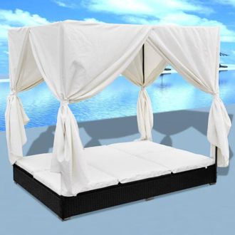 vidaXL Vidaxl - Chaise longue double ext&eacute;rieure avec rideaux - Rotin synth&eacute;tique noir - Cadre acier laqu&eacute; - Coussins &eacute;pais 6 cm - Ajustable 7 positions