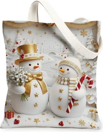 Generic Sacs fourre-tout en toile motif bonhomme de neige dhiver, sacs r&eacute;utilisables, toile l&eacute;g&egrave;re et lavable vintage pour T, blanc, 13x15 Inch