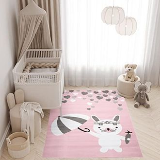 Tapiso Pinky Tapis de Chambre Enfant B&eacute;b&eacute; Fille Gar&ccedil;on Adulte Design Moderne Rose Blanc Gris Motif Petit Lapin Coeurs Tapis de Jeu Poil Court Fin Doux R&eacute;sist
