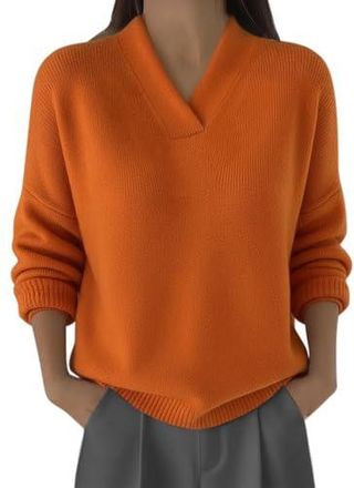 TOMWELL Pull Femme Col Profond en V L&acirc;che Couleur Unie Pulls en Tricot Manche Longue Chaud Haut Tricot&eacute; A Orange M