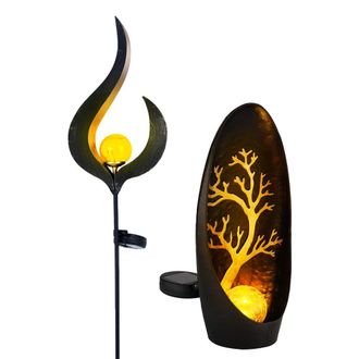 Globo Lighting Solarleuchte Dekolampe Au&szlig;enleuchte Solar Stecklampe Gartenlampe Solar, Metall Glas, 1x Flamme, 1x Baummuster, LED Leuchtmittel, 2er Set