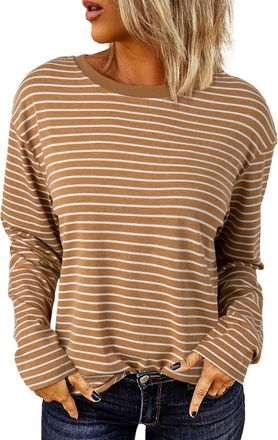 Dokotoo Langarmshirt Damen Rundhals Gestreift T-Shirt Basic Longsleeve Tee L&auml;ssige Oberteile Shirt Tops, Khaki, M