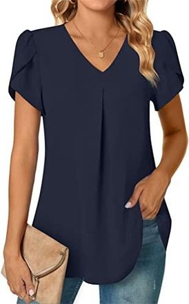 TOMWELL Blouse Femme Été Chemisier en Mousseline de Soie a Chemisier Manches Courtes Col V Tunique Fluide T-Shirt Couleur Unie Blouse Casual Travail Femme Chi