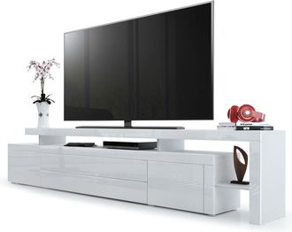 Vladon TV Board Lowboard Leon, Korpus und &Uuml;berbau in Wei&szlig; matt/Front und Rahmen in Wei&szlig; Hochglanz (227 x 52 x 35 cm)