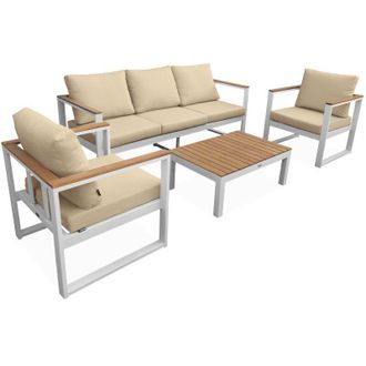 Sweeek 5-Sitzer Gartengarnitur aus Aluminium und Eukalyptus Wei&szlig; / Beige