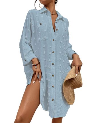 Bsubseach Badeanzug Coverup für Frauen Badeanzug Cover Up Button Down Shirt Kleider Swiss Dot Hell Blau