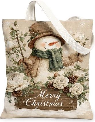 Generic Sacs fourre-tout en toile de No&euml;l motif bonhomme de neige floral, sacs d&eacute;picerie r&eacute;utilisables, l&eacute;gers et lavables en toile pour voyage, plage, pique-
