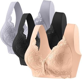 Generic Lot de 3 soutiens-gorge pour femme, fermeture avant, sans armatures, en coton, grande taille, couverture compl&egrave;te, soutien-gorge en dentelle confortab