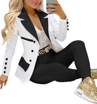 ORANDESIGNE Damen Hosenanzüge Elegant Business Anzug Set Hosenanzug Blazer Hose 2-teilig Anzug Karo Kariert Zweiteiler Slimfit Streetwear A Schwarz Weiß 02 XXL