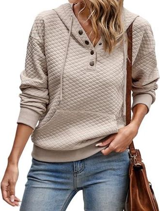 Generic Sweat &agrave; capuche d&eacute;contract&eacute; matelass&eacute; &agrave; manches longues en jacquard avec demi-bouton pour femme, abricot, XXL
