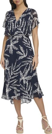 DKNY Womens Dresses,V-Neck Flutter Sleev, Navy/Ivory,0