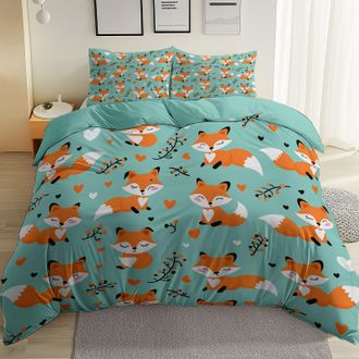 Generic Bettbezug Cartoon Sich Wiederholender Fuchs Muster, 150 x 200 cm Mikrofaser Bettbezug mit Rei&szlig;verschluss, Hellblau Weich Bettw&auml;sche Set mit 2 Kissenbe