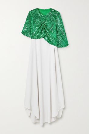 Dima Ayad Asymmetrische Robe Aus Crêpe Und Tüll Mit Cape-effekt Und Pailletten - Grün