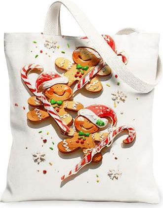 Generic Sacs fourre-tout en toile de pain dépice de Noël, sacs de courses réutilisables, légers et lavables avec bandoulière pour, blanc, 13x15 Inch