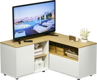 HOMCOM Eck-TV-M&ouml;bel Bank Fernseher bis 40 Zoll mit Stauraum in hellem Holzlook und Wei&szlig;