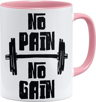OM3 No Pain No Gain Fitness Kaffee-Tasse mit Spruch - Keramik Becher - 11oz 325ml - Beidseitig Bedruckt - Rosa