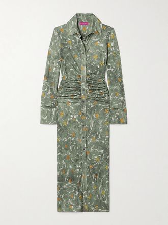 Altuzarra Claudia Midikleid Aus Strukturiertem Jersey Mit Blumenprint Und Raffungen - Gr&uuml;n