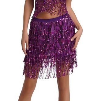 Generic Mini jupe à franges violet pailleté, mini jupe à paillettes, jupe portefeuille décontractée extensible à la taille, jupe de danse de couleur unie, jup