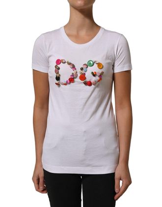 Dolce & Gabbana Womens White Dg Logo Embellished Round Neck T-Shirt Cotton