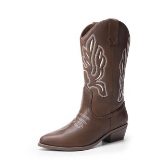 Dream Pairs Damen Cowboystiefel Halbhohe Cowgirlstiefel Stickereien Westernstiefel Fashion Herbststiefel Boots,Size 41.5,Braun-Pu,DWUMMB2419