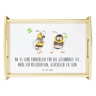 Mr. & Mrs. Panda Tablett Hummeln Kleeblatt - Geschenk, gl&uuml;cklich Werden, Lustige Spr&uuml;che, serviertablett Holz, Sein, Bett, Holztablett, Spruch Positiv, Hummel, Biene D