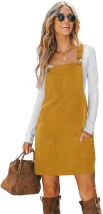 Cupshe Robe dautomne en velours c&ocirc;tel&eacute; avec poche avant et col carr&eacute;, bretelles larges, style d&eacute;contract&eacute;, jaune, Taille M