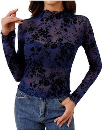 Generic Haut Dentelle Femme Manche Longue, Top Sexy Col Montant-Tunique Grande Taille Transparent Tee Shirt Moulant Slim Fit Chic Et &Eacute;L&eacute;Gant Casual Classique 