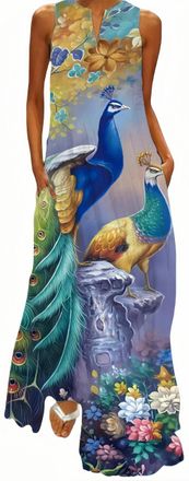 Ocean Plus Damen Muster Maxikleid V-Ausschnitt Kleid mit Stecktaschen und Weitem Rock (M, Pfauenmalerei)