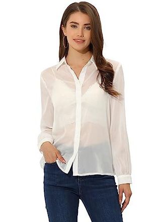 Allegra K Hauts Transparents en Maille pour Chemise boutonn&eacute;e &agrave; Manches Longues et col Pointu pour Femme Blanc M