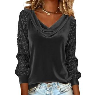 Generic Hauts en velours scintillant pour femmes, chemises &eacute;l&eacute;gantes &agrave; col b&eacute;nitier et manches longues, doux et confortable, d&eacute;contract&eacute;, v&ecirc;tements de luxe, N