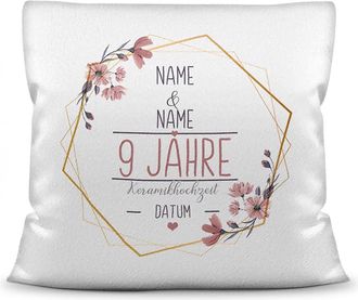 Tassendruck Kissen Hochzeitstag Keramik Hochzeit - mit Name & Datum selbst gestalten - 9 Jahre Ehe, Geschenk Hochzeit, Jubiläum, Jahrestag - Kissen Weiß flauschig