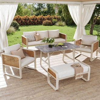 STILVORA Salon de Jardin avec 2 Fauteuils, 1 Canap&eacute; 3 Places, 1 Banc et 1 Table, pour 6-7 personnes, Rotin PE, Fer et Tissu Imperm&eacute;able, Beige