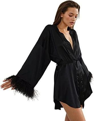 Generic Pyjama sexy en satin avec plumes - Peignoir dété - Kimono en satin - Col en V - Poignets - Kimono - Chemise de nuit courte - Pour mariage - Soie - Ave