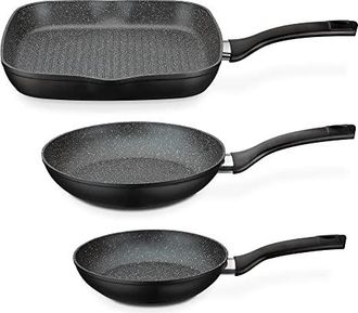 GSW Lot de 3 po&ecirc;les Gourmet Granit - Set de po&ecirc;les haut de gamme compos&eacute; de 2 po&ecirc;les et 1 po&ecirc;le grill compatible induction - rev&ecirc;tement antiadh&eacute;sif - alum