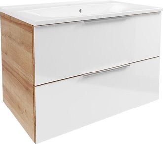 Fackelmann B.brillant Badm&ouml;belset 80cm - Ast Eiche - Glas Wei&szlig;