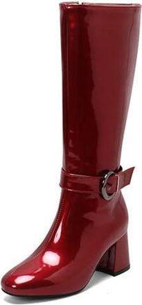 Generic Bottes d&eacute;quitation pour femme &agrave; bout carr&eacute; et talon bloc m&eacute;tallique brillant avec fermeture &eacute;clair lat&eacute;rale et sangle &agrave; boucle, Rouge, 37.5 EU