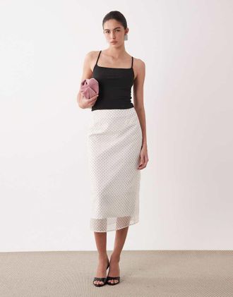 Ghospell Jupe mi-longue densemble en tulle doubl&eacute; &agrave; pois - Ivoire-Blanc